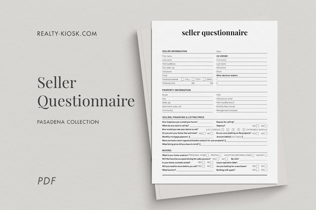 Real Estate Seller Questionnaire, Client Questionnaire Form, Seller ...