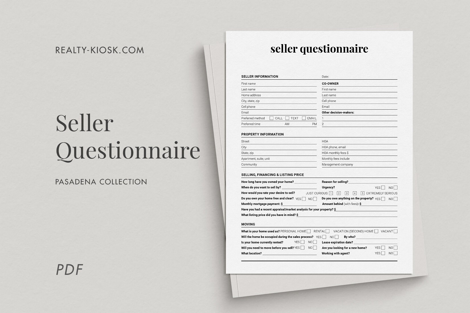 Real Estate Seller Questionnaire, Client Questionnaire Form, Seller ...