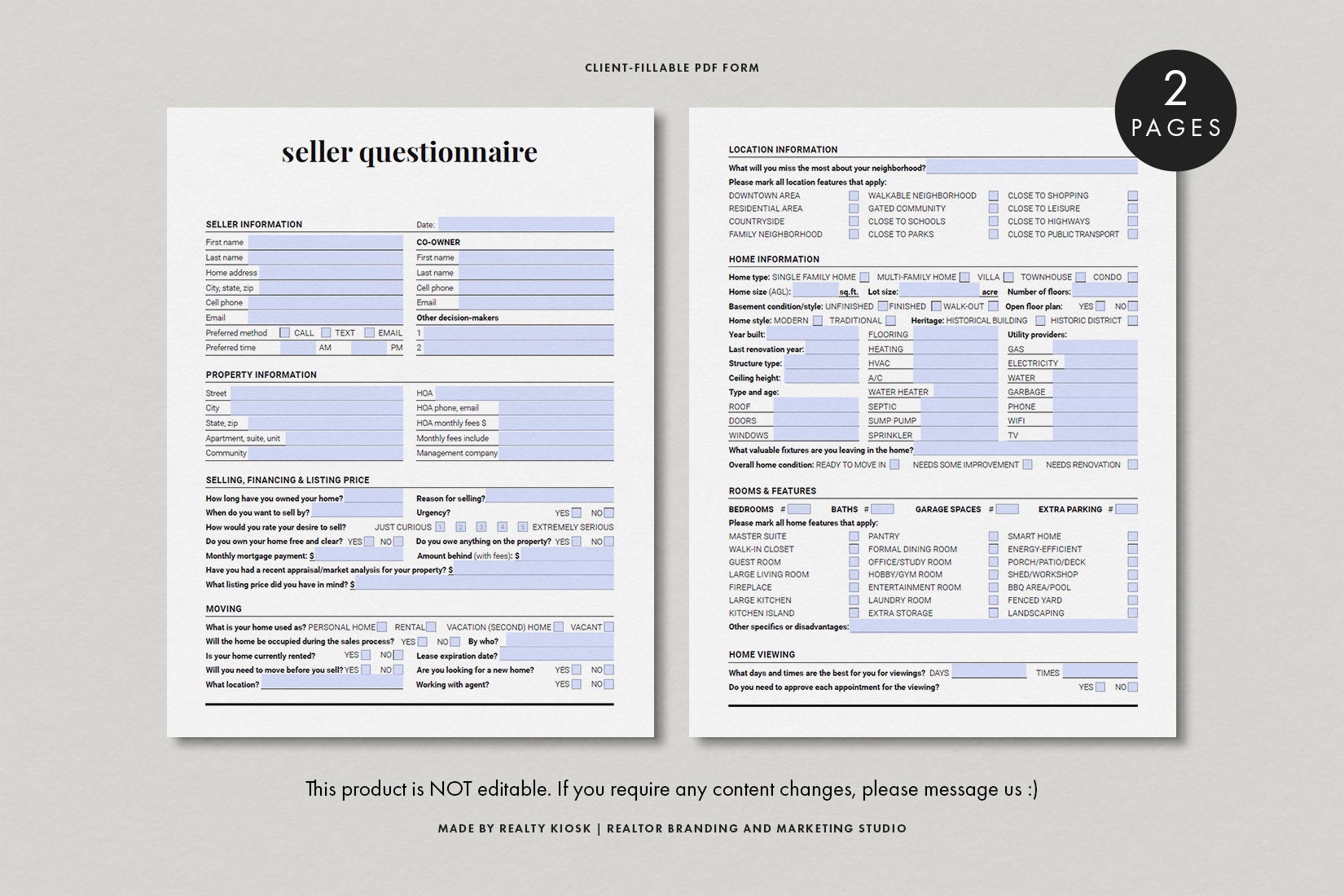 Fillable Real Estate Seller Questionnaire, Home Seller Form, Seller ...