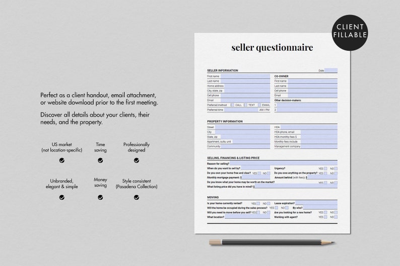 Fillable Real Estate Seller Questionnaire Home Seller Form | Etsy
