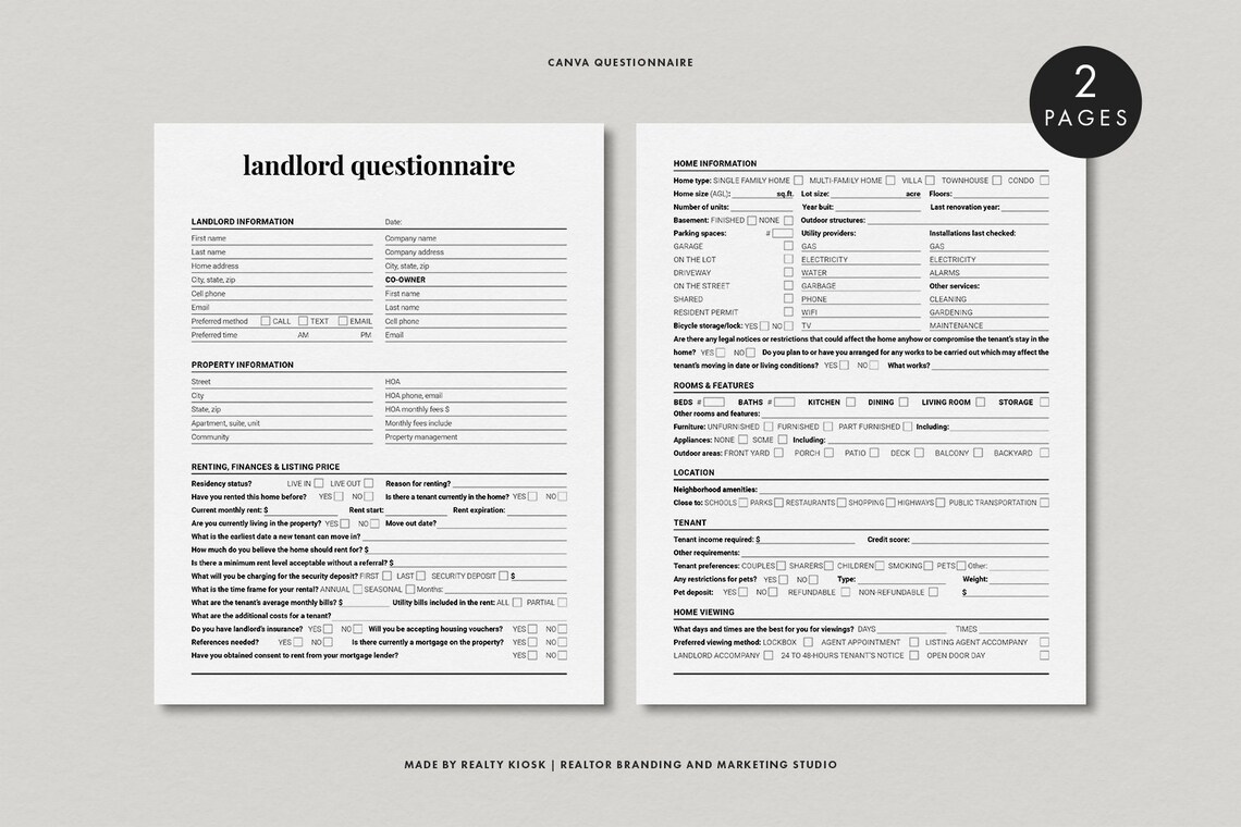 Landlord and Tenant Questionnaire, Canva Template, Landlord ...