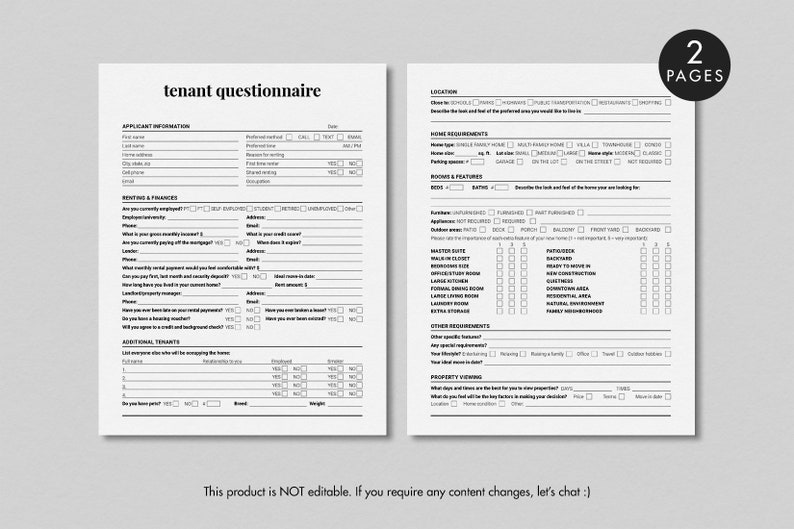 Real Estate Tenant Questionnaire Tenant Form Client | Etsy