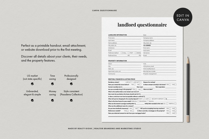 Landlord and Tenant Questionnaire, Canva Template, Landlord ...