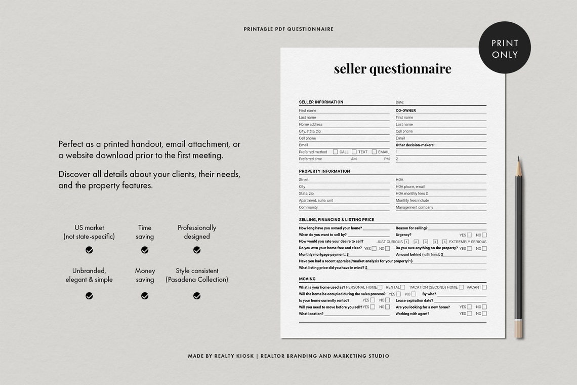 Real Estate Seller Questionnaire, Client Questionnaire Form, Seller ...