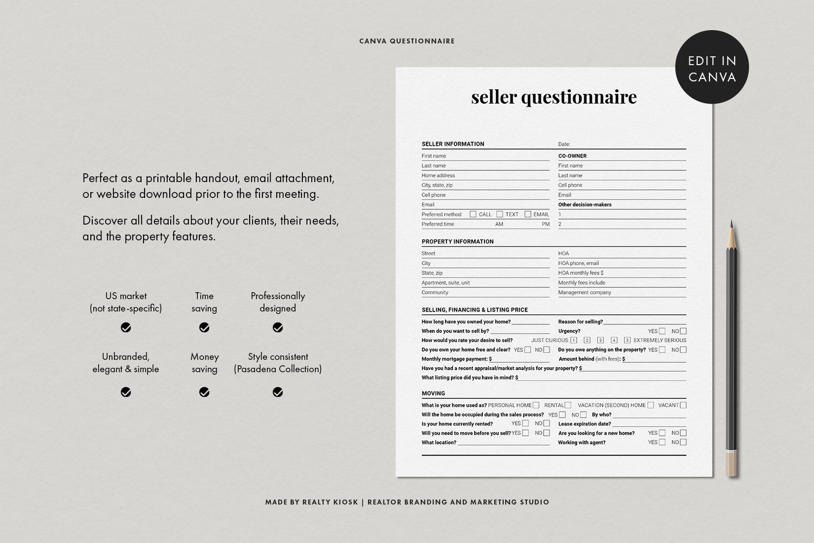 Canva Real Estate Seller Questionnaire, Seller Intake Form, Client ...