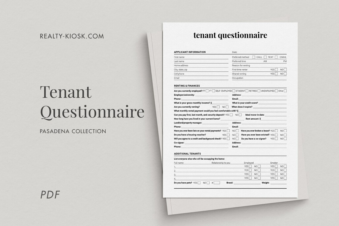 Real Estate Tenant Questionnaire, Tenant Intake Form, Client ...