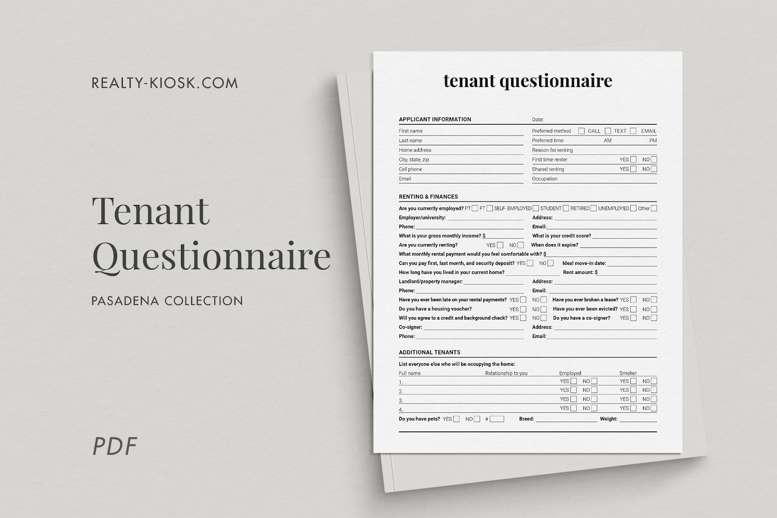 Real Estate Tenant Questionnaire, Tenant Intake Form, Client ...