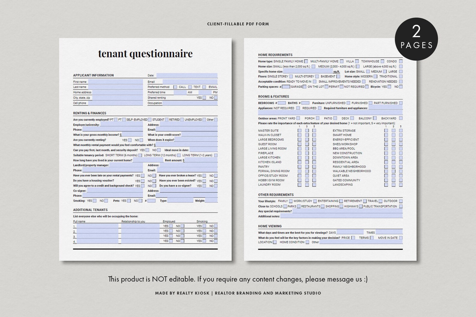 Fillable Real Estate Tenant Form, Tenant Questionnaire, Fillable PDF ...