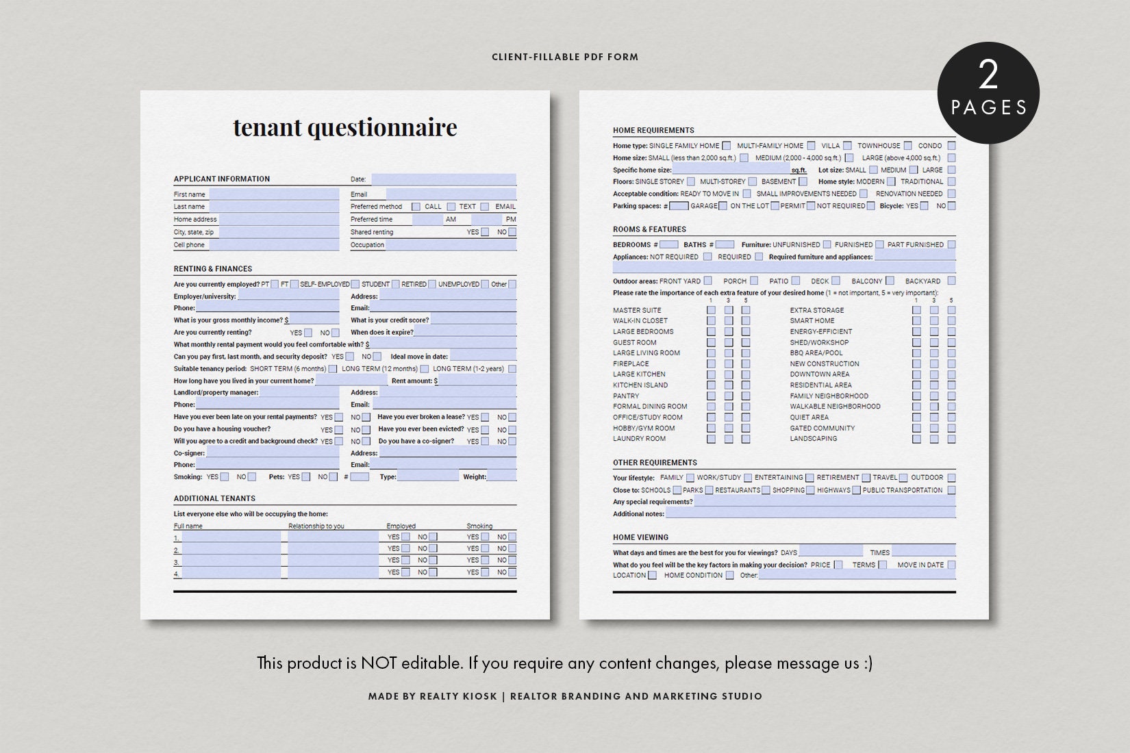 Fillable Real Estate Tenant Form, Tenant Questionnaire, Fillable PDF ...