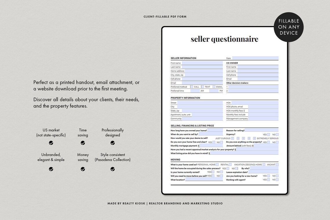 Fillable Real Estate Seller Questionnaire, Home Seller Form, Seller ...