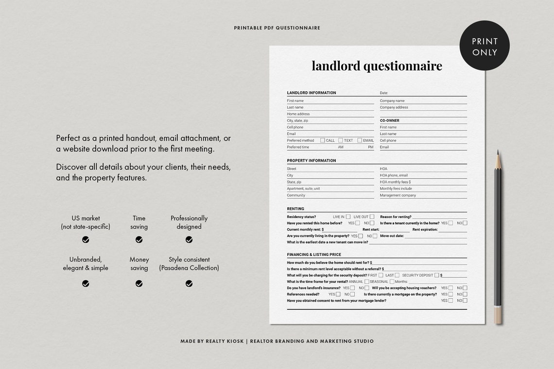 Real Estate Landlord Questionnaire, Landlord Form, Landlord Intake ...
