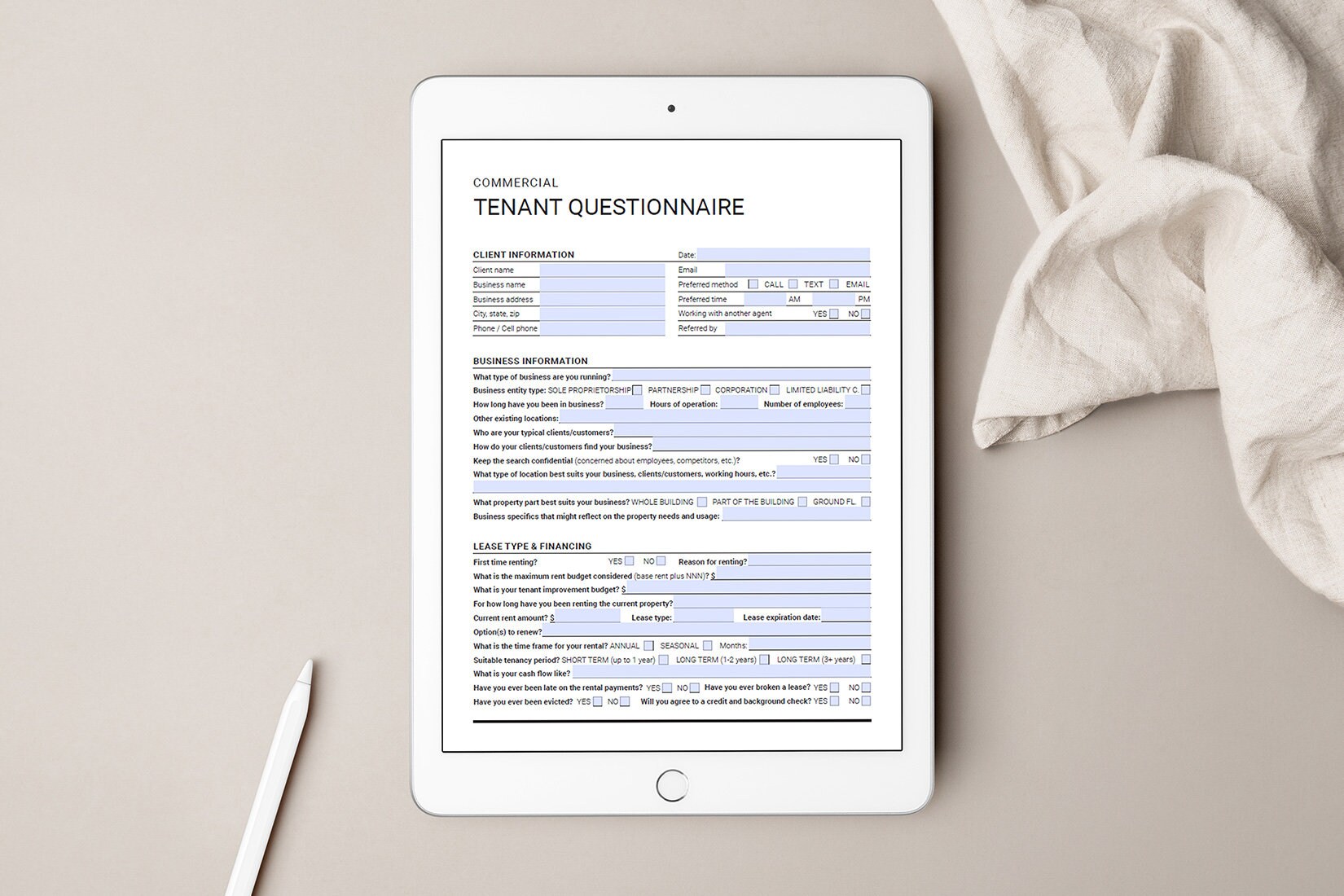 Commercial Real Estate Tenant Questionnaire, Tenant Intake Form, Tenant ...