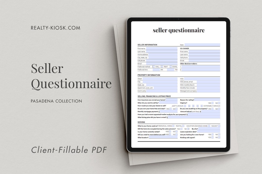 Fillable Real Estate Seller Questionnaire, Home Seller Form, Seller ...