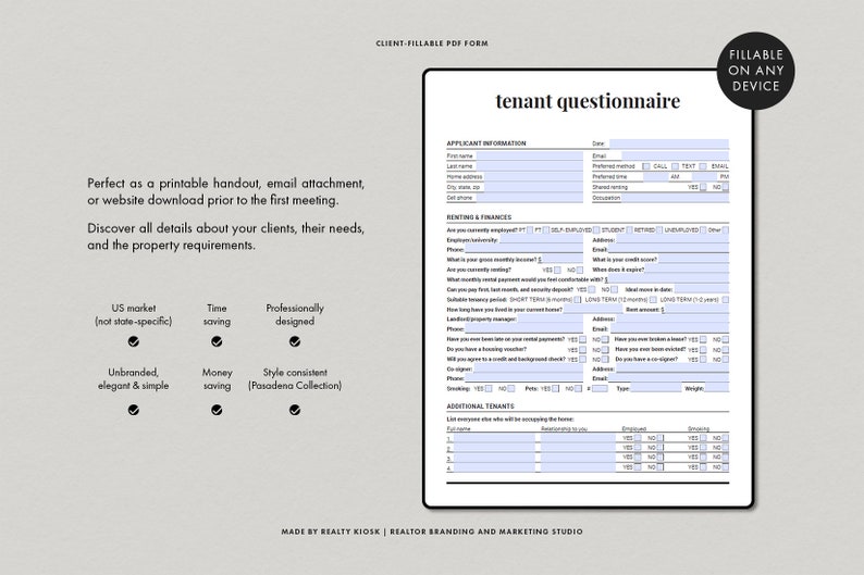 Fillable Real Estate Tenant Form, Tenant Questionnaire, Fillable PDF ...