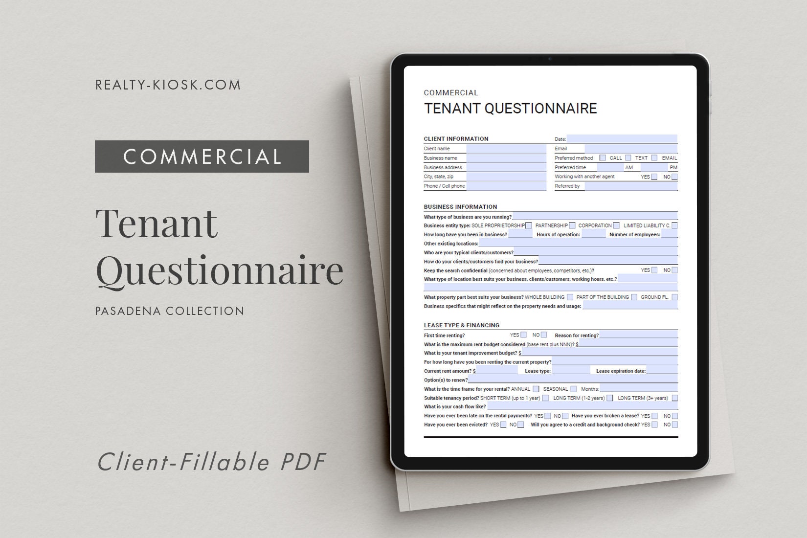 Commercial Real Estate Tenant Questionnaire, Tenant Intake Form, Tenant ...