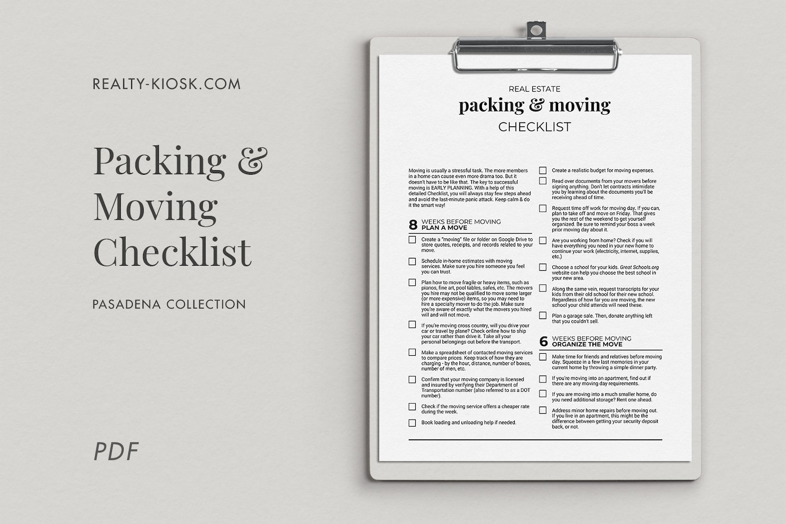 Real Estate Moving Checklist, Packing Checklist, Home Moving Checklist ...