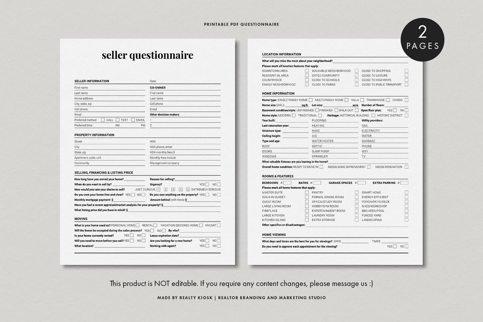 Real Estate Seller Questionnaire, Client Questionnaire Form, Seller ...