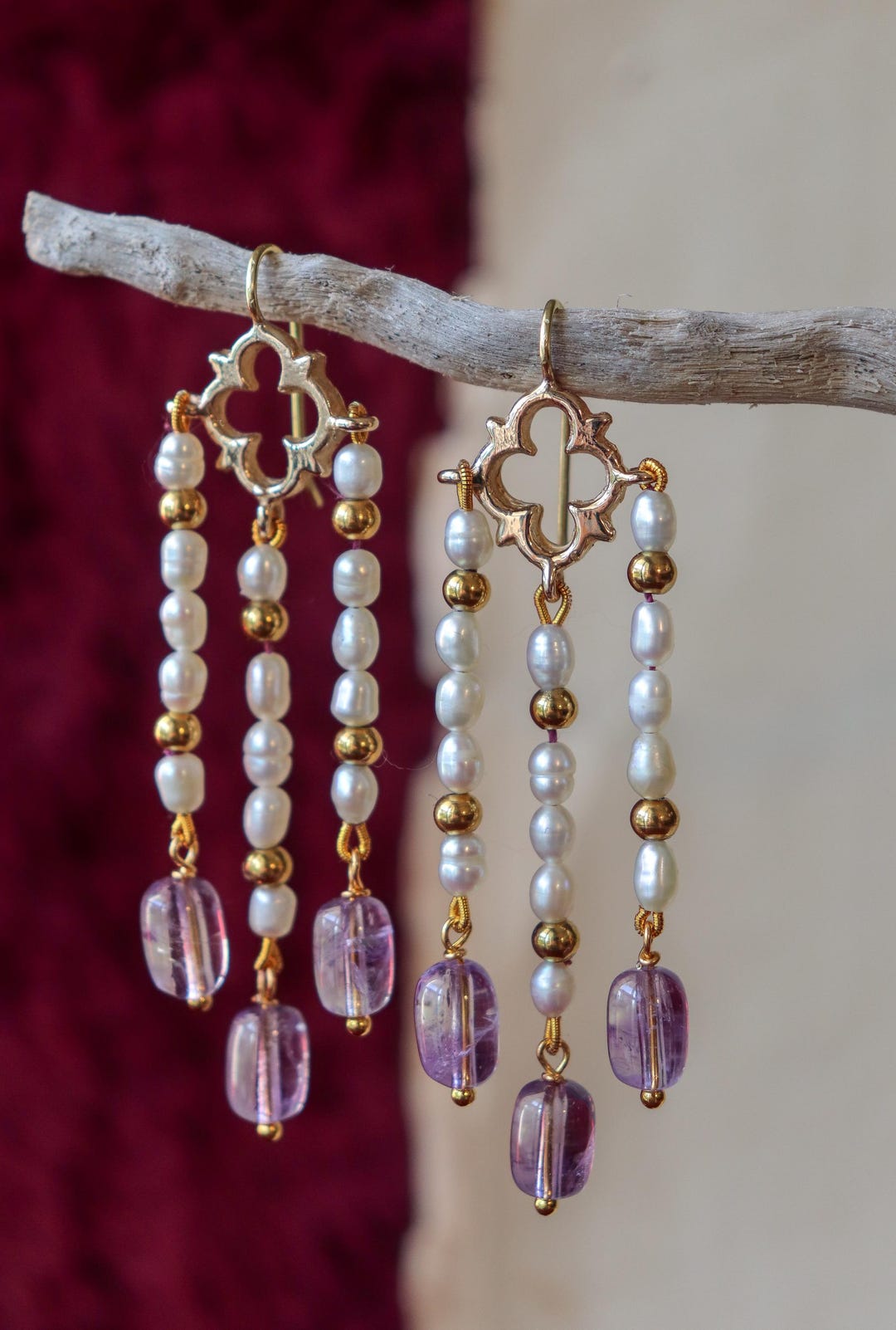 Byzantine Quadrilobate Earrings With Amethyst and Freshwater Pearls ...