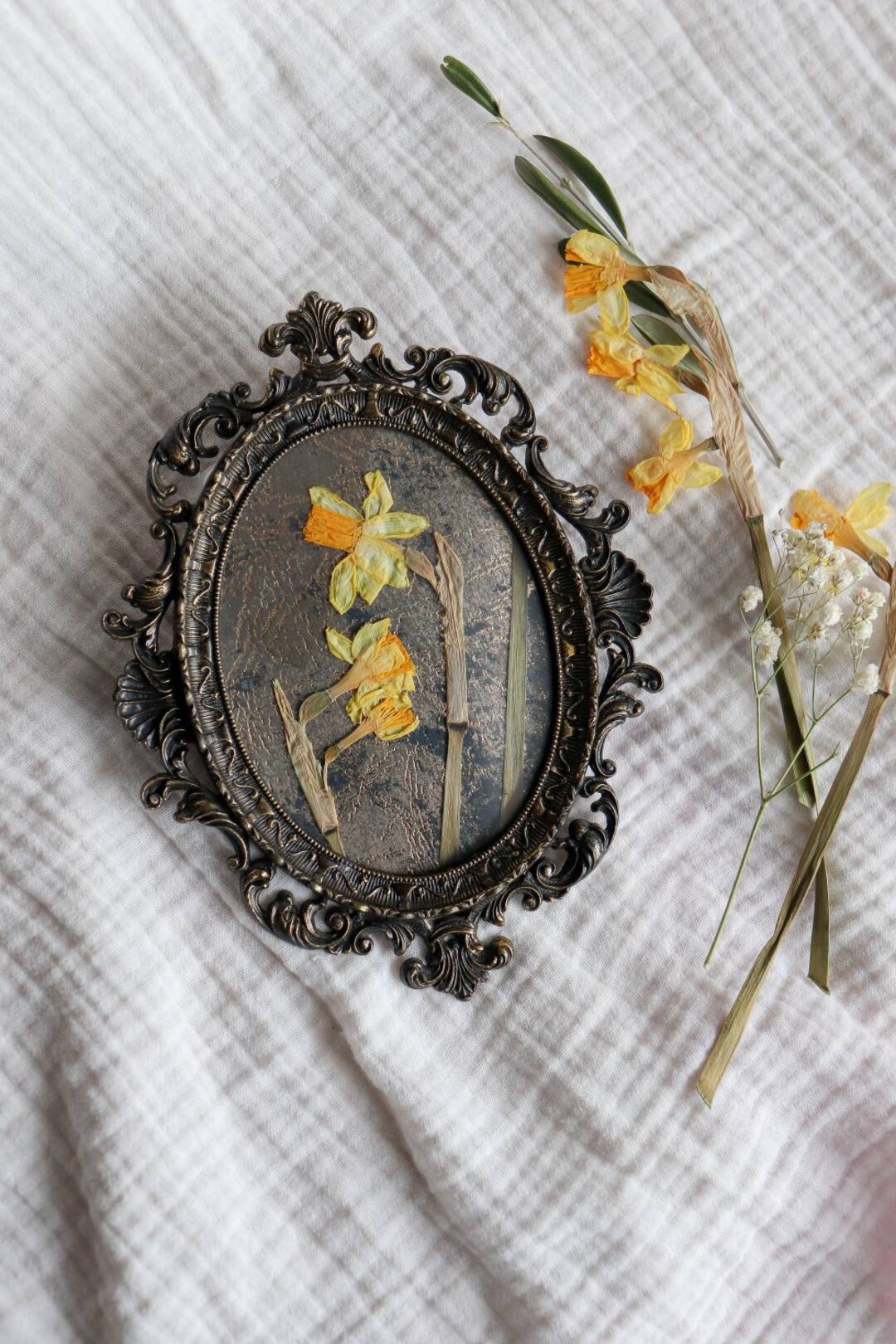 Ancient Antique Frame With Real Daffodils on a Background Decorated ...