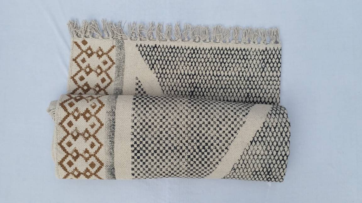 8x10 or 9x12 Cotton Black & White Hand Block Print Indian Rug- Handmade ...