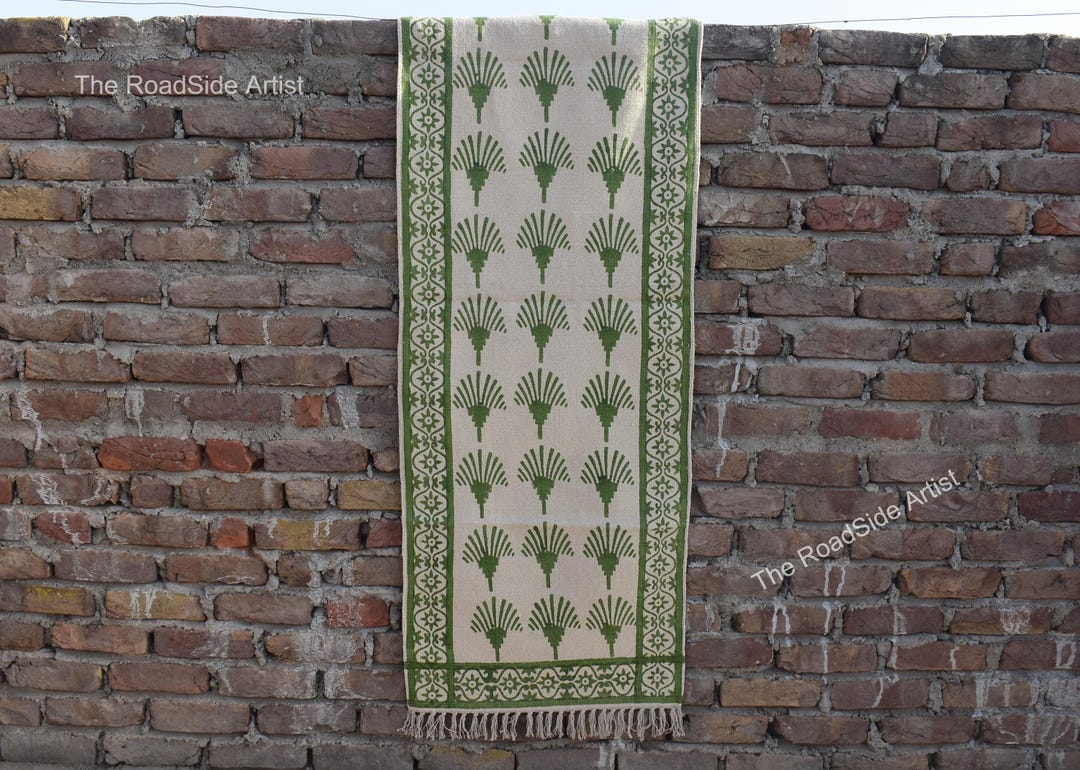 Hand Block Print Palm Tree Cotton Runner Green and White Indian Rug ...
