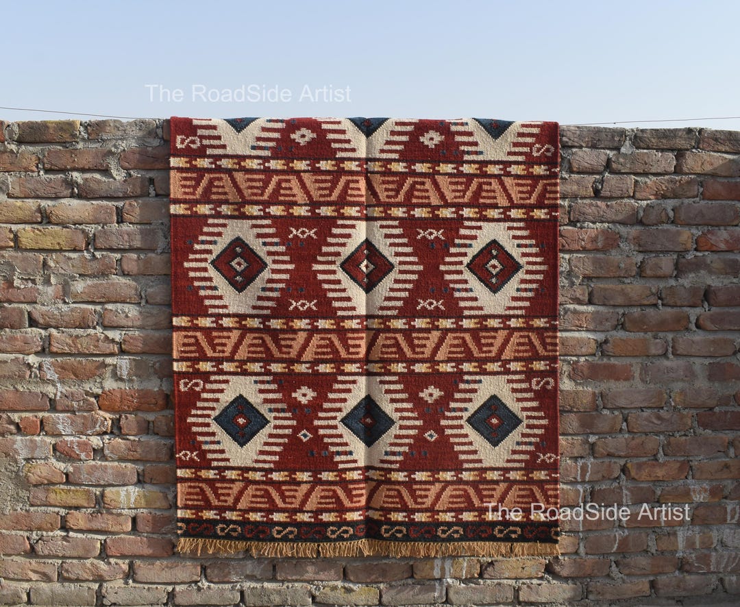 4x6 Wool Woven Reversible Rug- 100% Handmade Wool Cotton Mix Rug Kilim ...