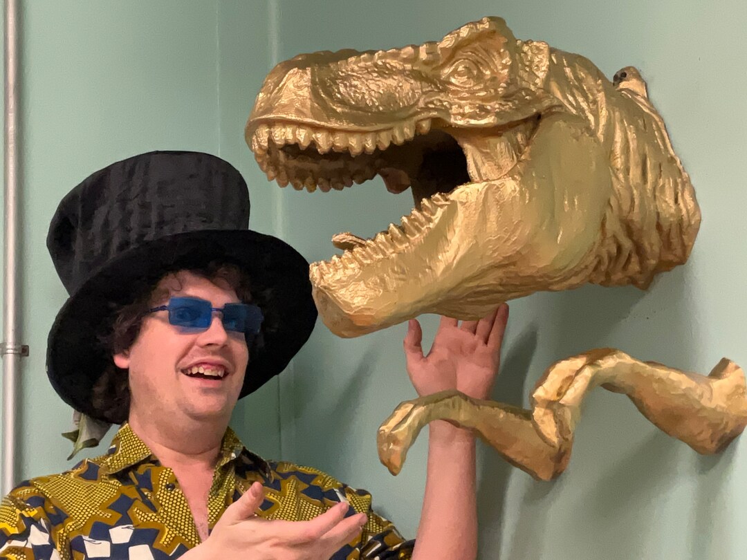 Golden T-rex With Arms | Luxe Jurassic Decor | Unique Dinosaur Statue ...