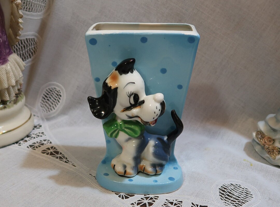 O SO Darling! Vintage Artmark Whimsical Puppy Wall Pocket Blue Polka ...