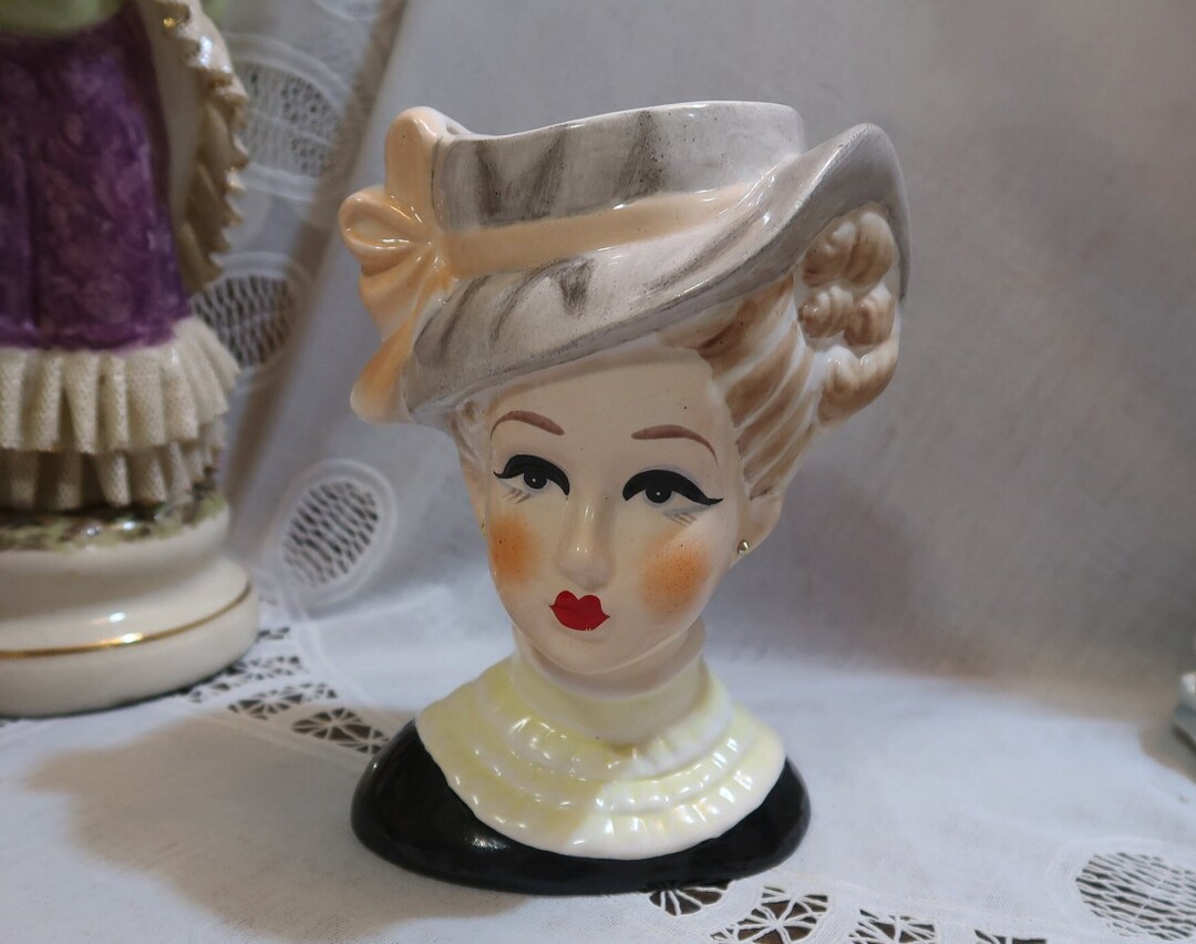 Victorian Vintage Lady Head Vase Black Dress Gray Hat Peach Hat Band ...