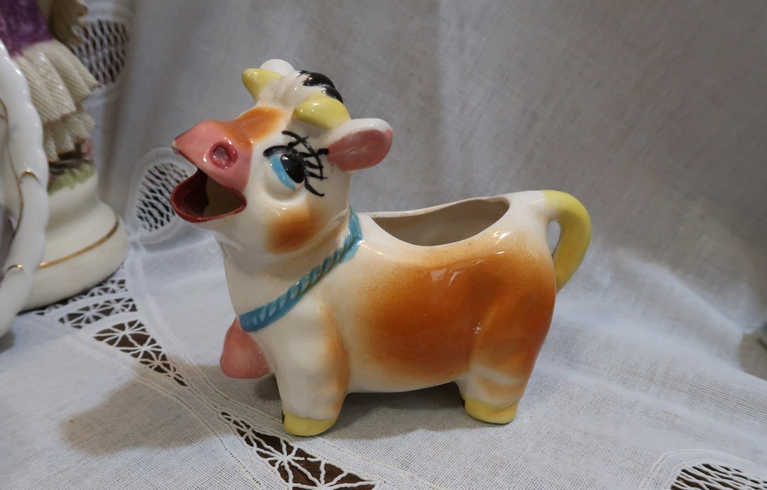 Whimsical Vintage Bessie the Cow Creamer Brown White Yellow Tail Horns ...