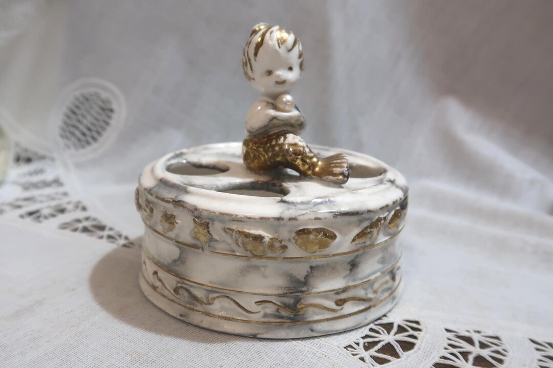 Cute Vintage Napco Little Mermaid Lipstick Holder Marble Look Gold ...