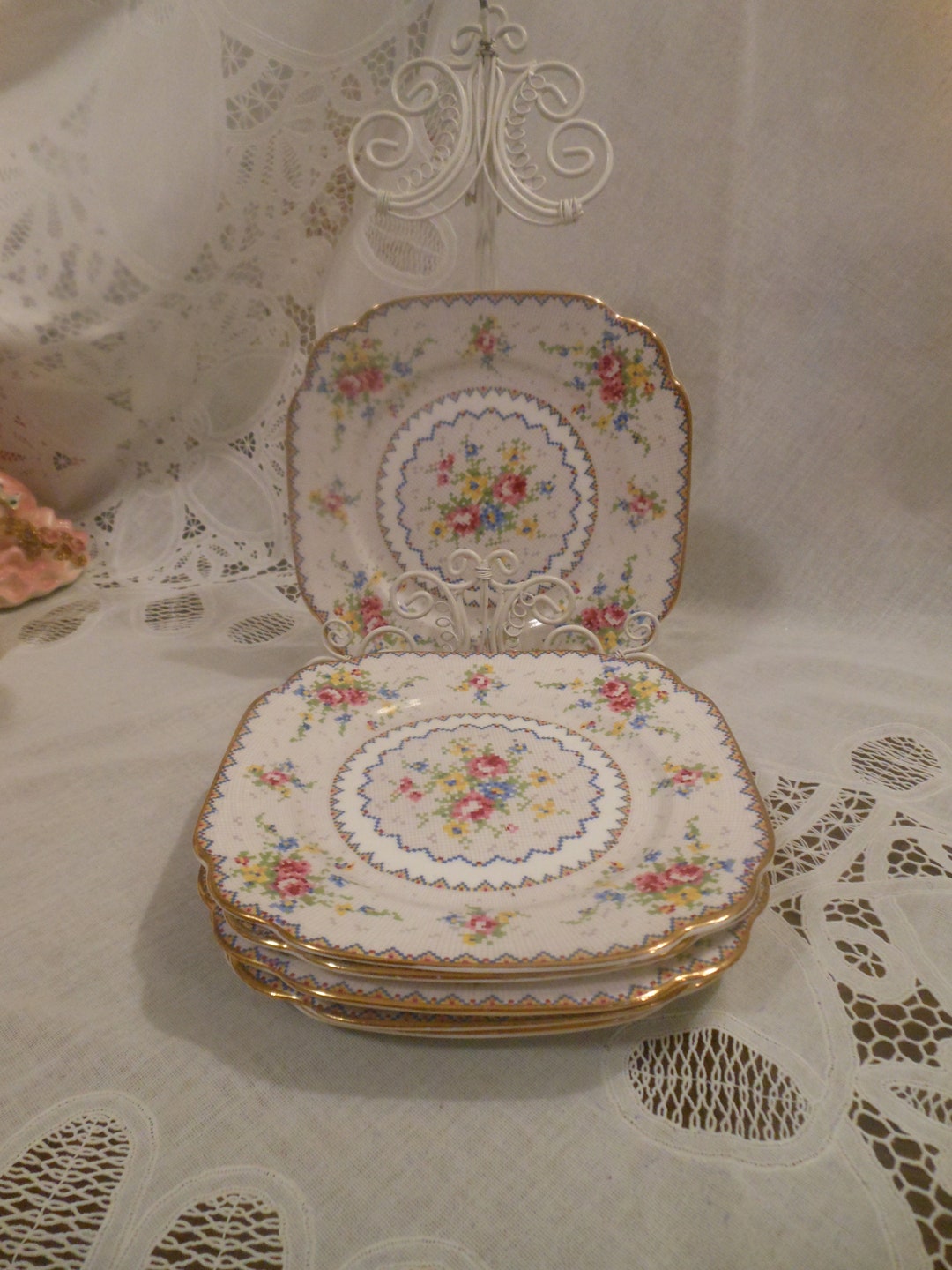 Lovely Vintage Royal Albert Petit Point China Square Dessert Plate Pink ...
