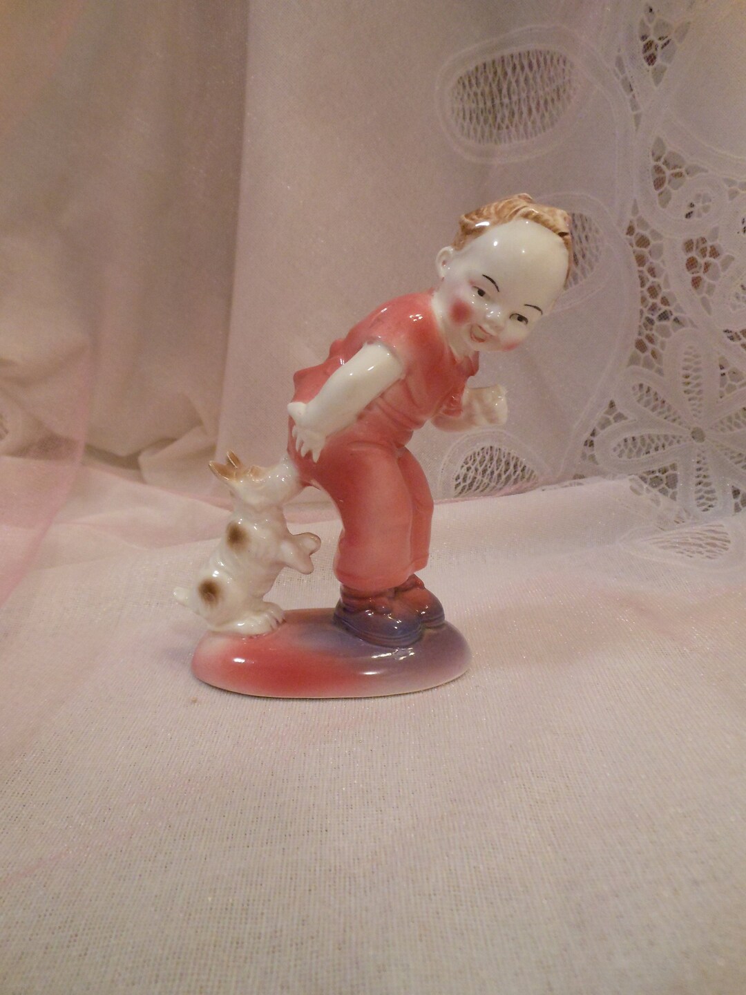 Adorable Antique Hertwig Katzhutte Little Boy in Pink Pajamas Purple ...