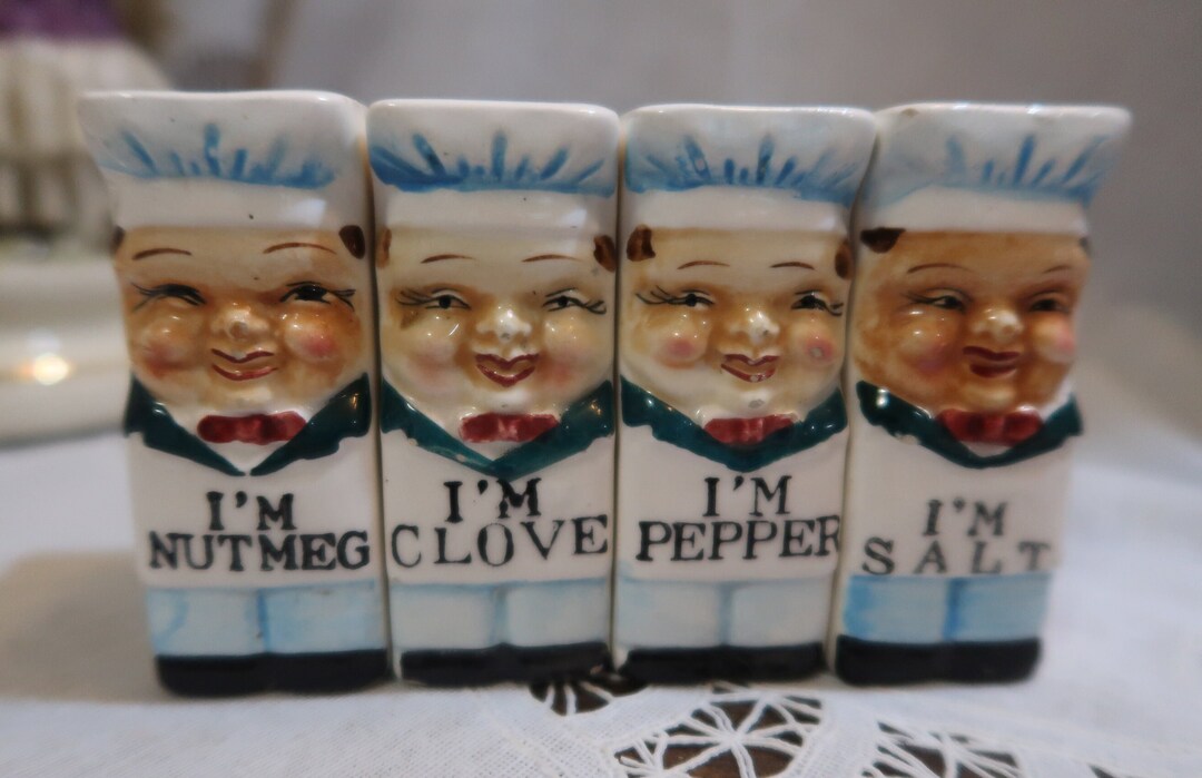 Mia Spicy Cheforia Vintage Chef Spice Shakers Set of 4 I'm Nutmeg Clove ...