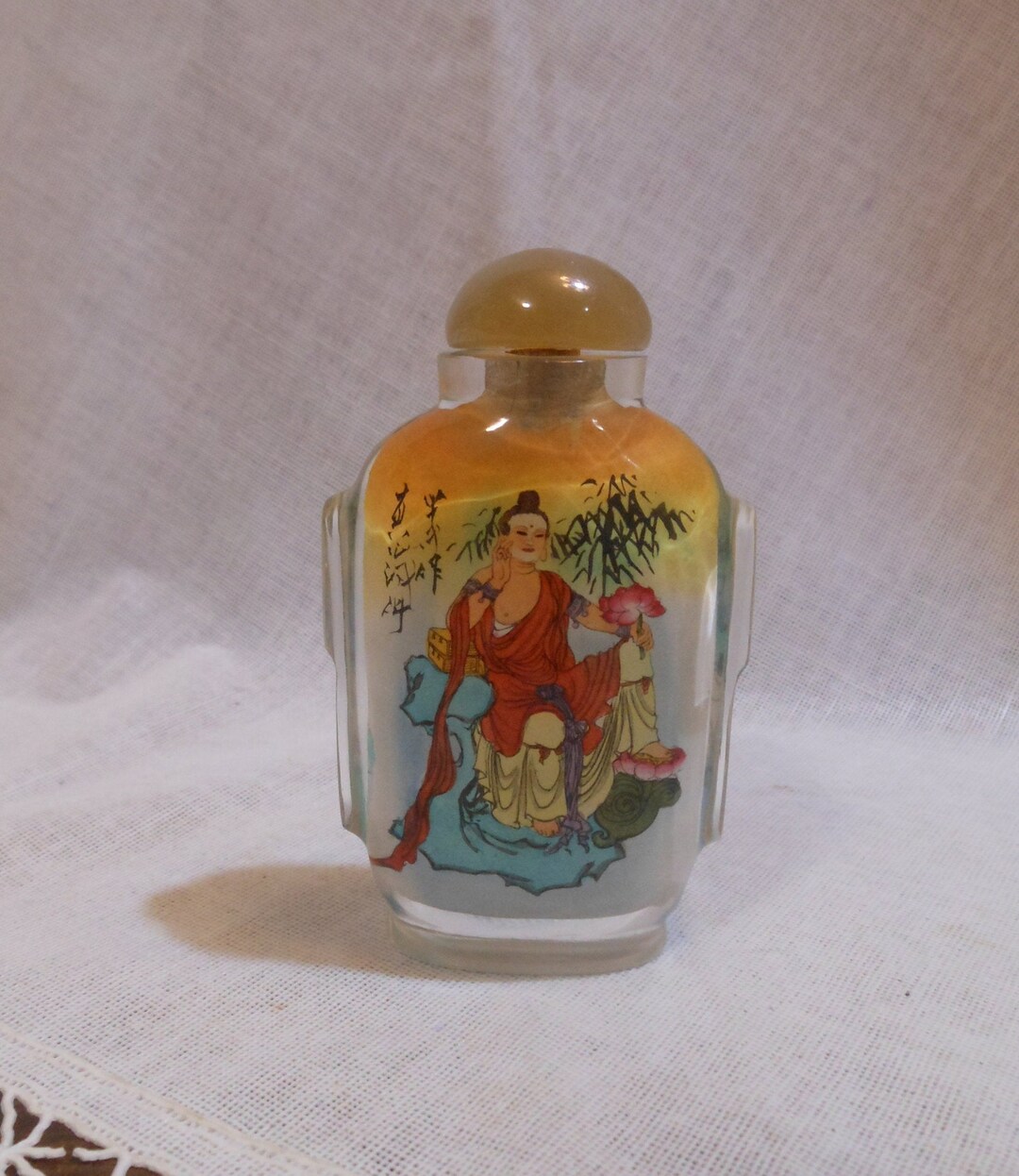 Painted Inside Vintage Chinese Snuff Bottle Jar Man Red Yellow Changpao ...
