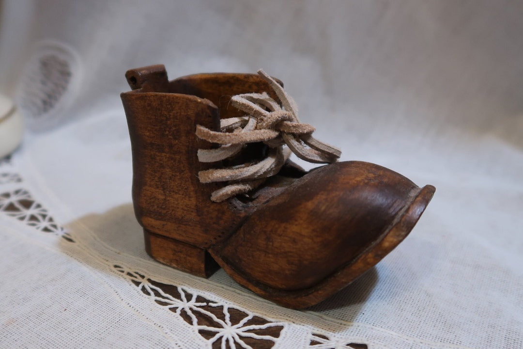 Vintage Wood Carved Boot Seam Detail Lace Eyelets Back Boot Loop ...