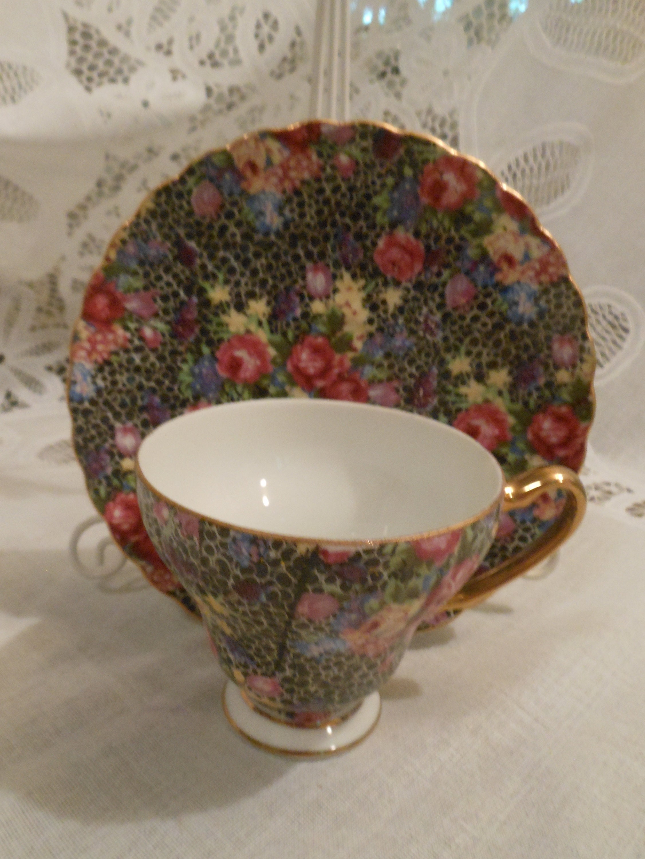 Pretty Vintage Inarco Foot Cup and Matching Saucer Black W/ Multi-color ...
