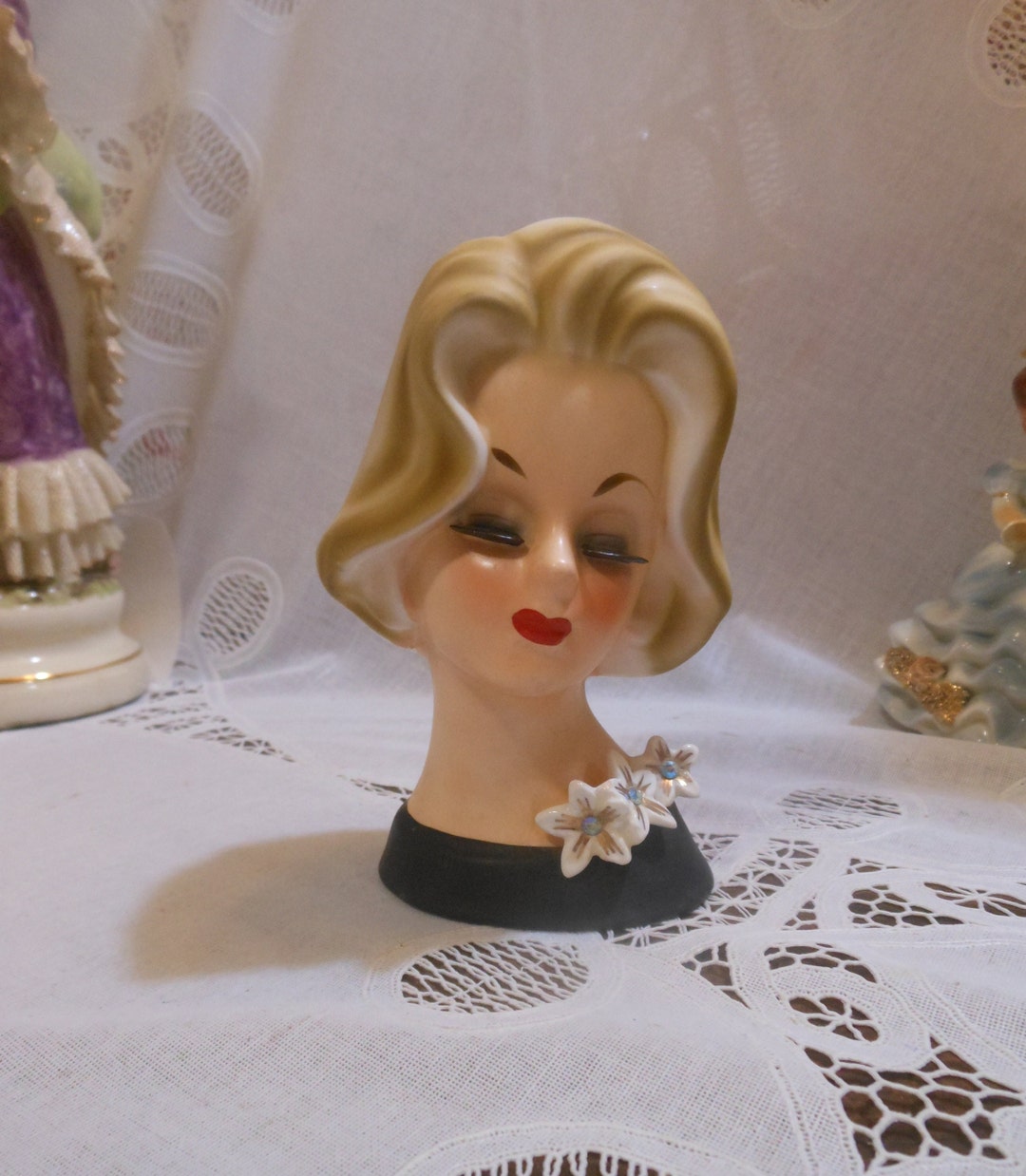 Lovely Vintage Napco Head Vase Woman Black Dress White Flowers ...