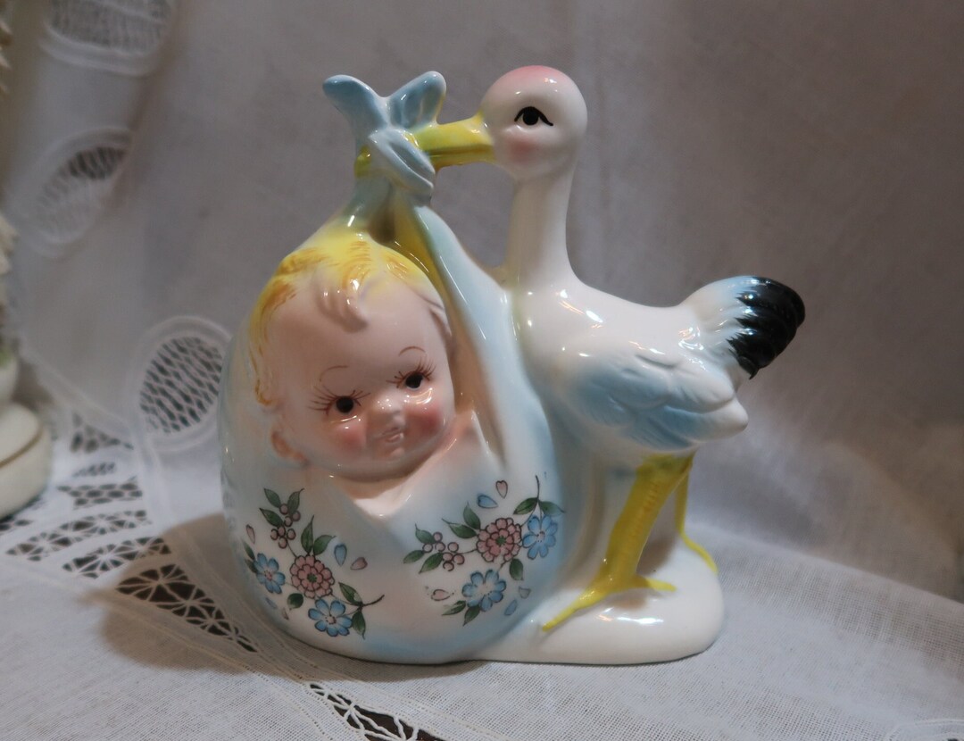 Sweet Vintage Inarco Stork Carrying Baby Planter Blue Blanket Pink ...
