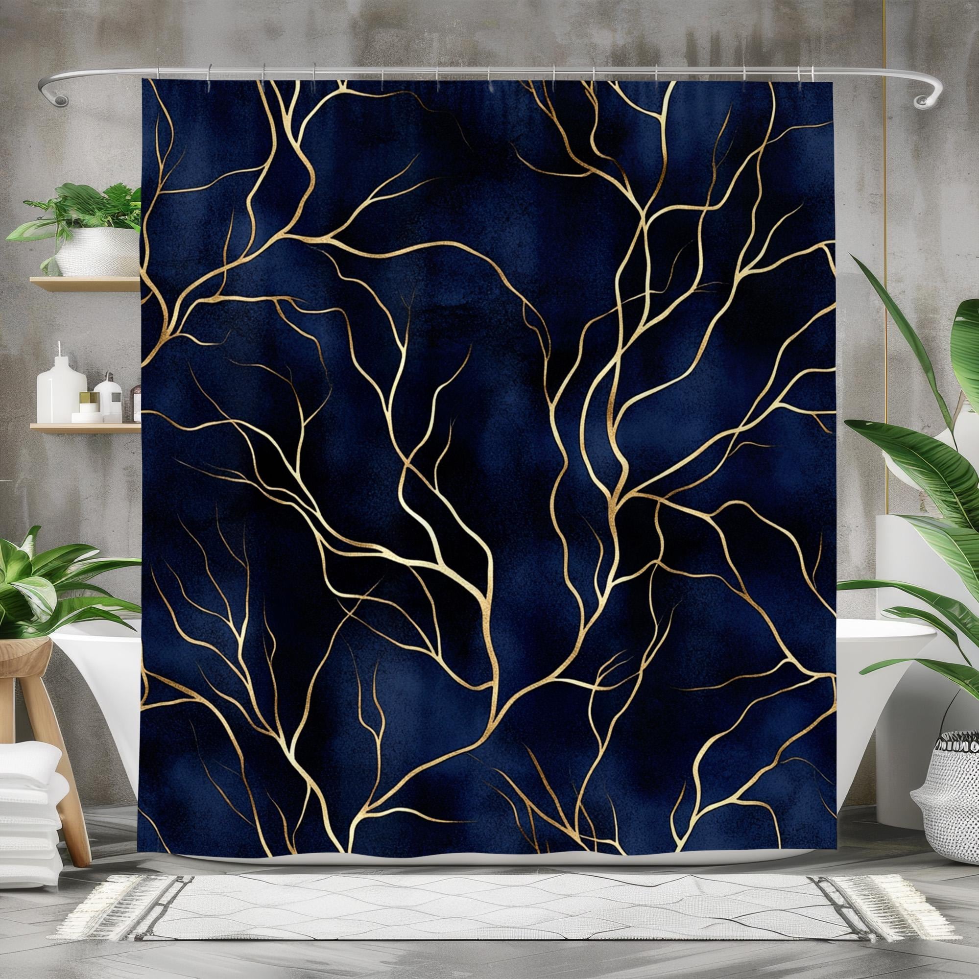 Elegant Gold and Navy Shower Curtain Modern Luxury Bath Curtain Waterproof Fabric Bathroom Decor Abstract Dark Blue Shower Curtain