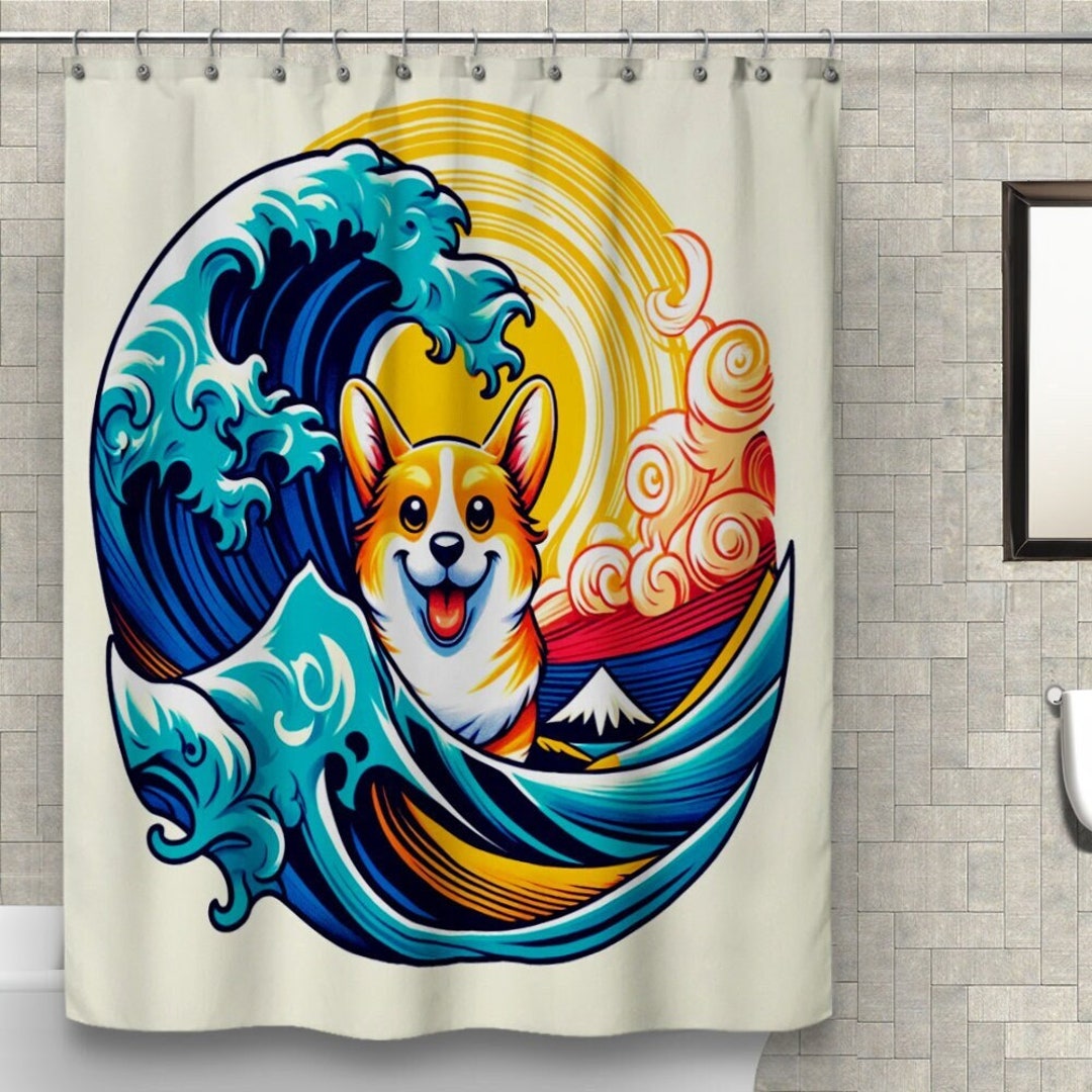 Joyful Corgi Dog on Wave, Japanese Design Shower Curtain, Waterproof ...