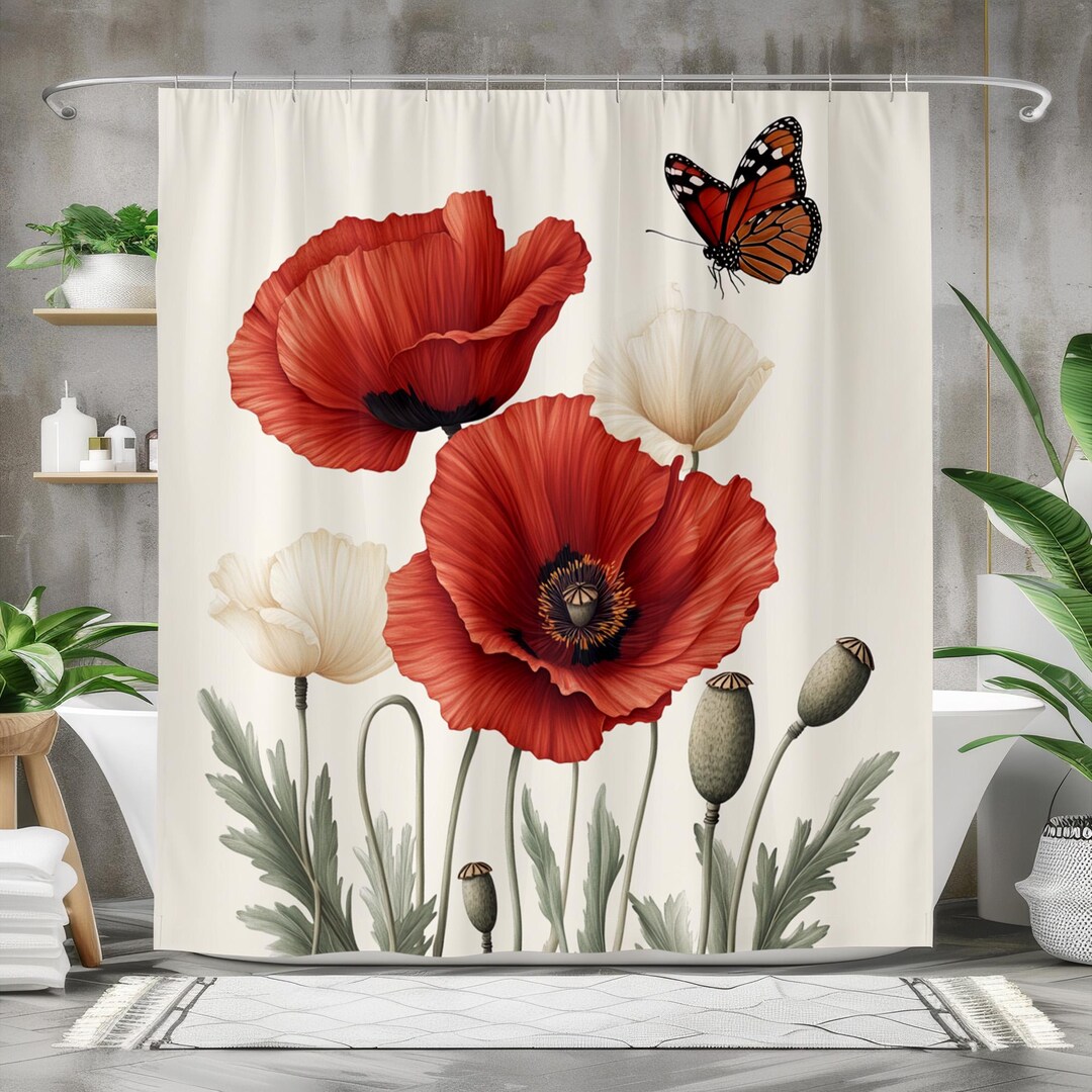 Poppy Shower Curtain, Red Floral Botanical Bathroom Decor, Waterproof ...