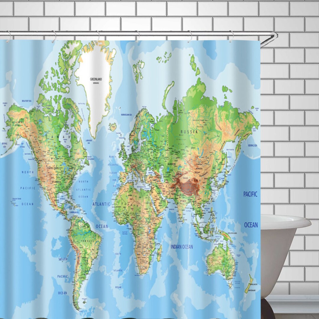 World Map Shower Curtain Map of the World Bathroom Decor Bath - Etsy