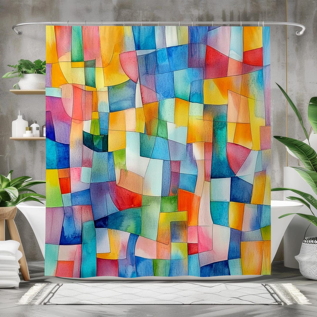 Abstract Watercolor Shower Curtain, Colorful Geometric Bath Decor ...