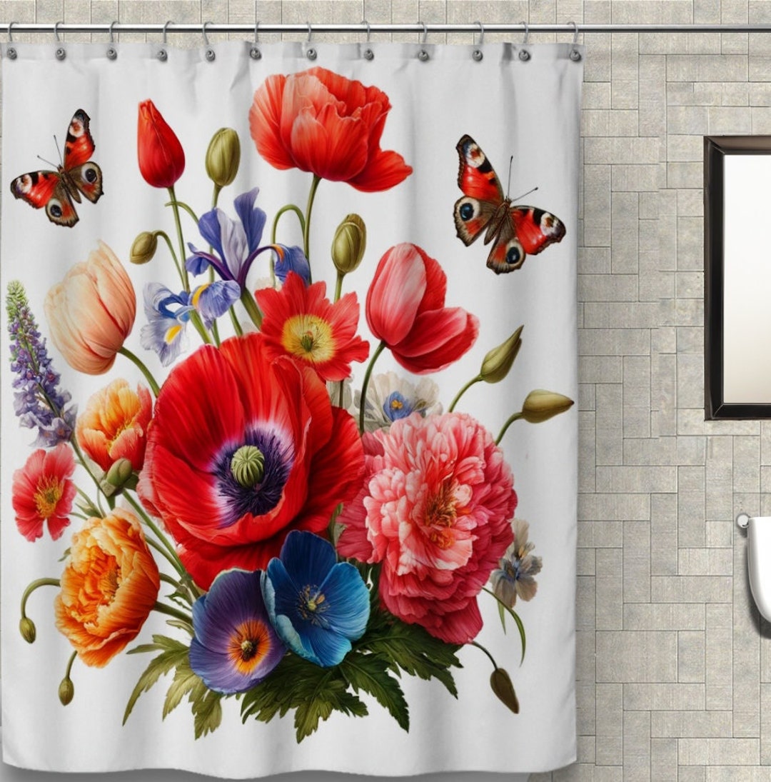 Butterflies and Poppies Shower Curtain Floral Waterproof Fabric Shower ...