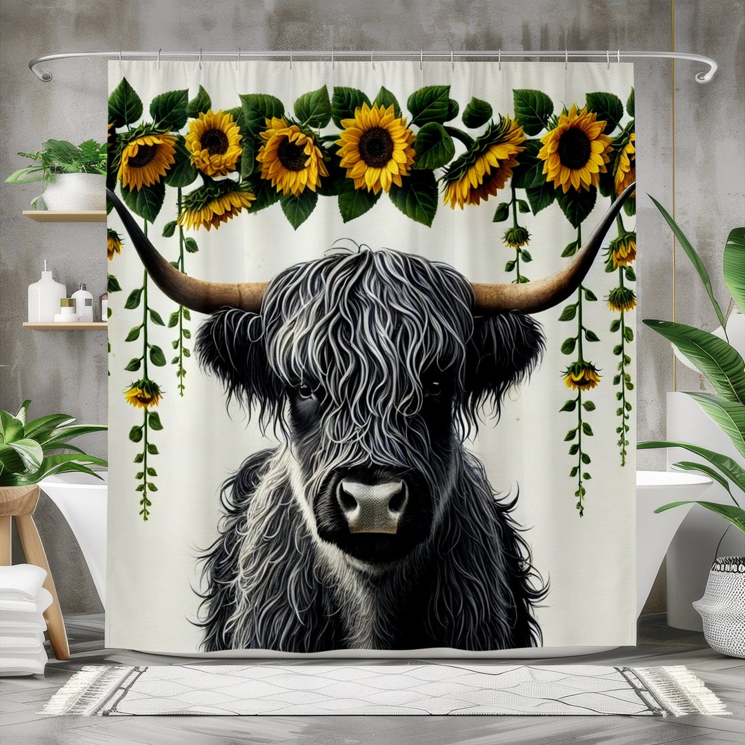 Highland Cow Bath Shower Curtain - Waterproof Fabric, Sunflower ...