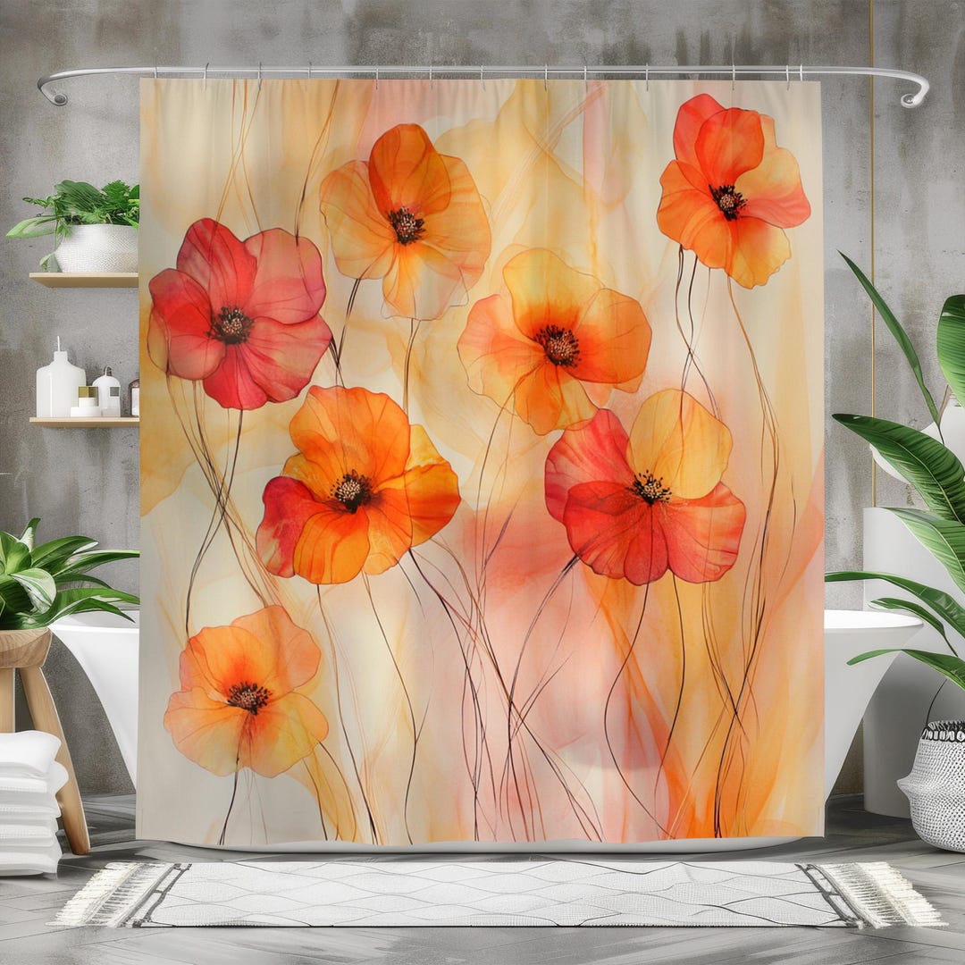 Watercolor Orange Poppy Shower Curtain, Elegant Floral Bathroom Decor ...