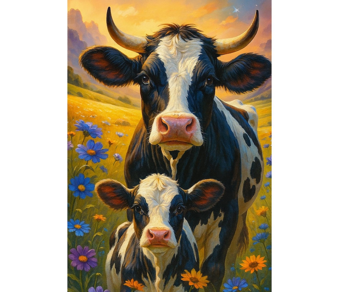 Cow Diamond Painting Kit, 5D Farm Animal With Calf, Rhinestone Full ...