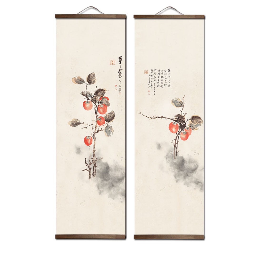 Japanese Asian Scroll Painting Asian Art, Persimon Fruit Good Luck and ...