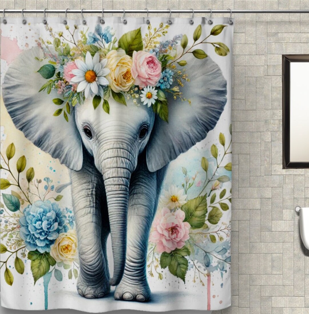 Charming Elephant and Floral Shower Curtain – Cute Bath Curtain ...